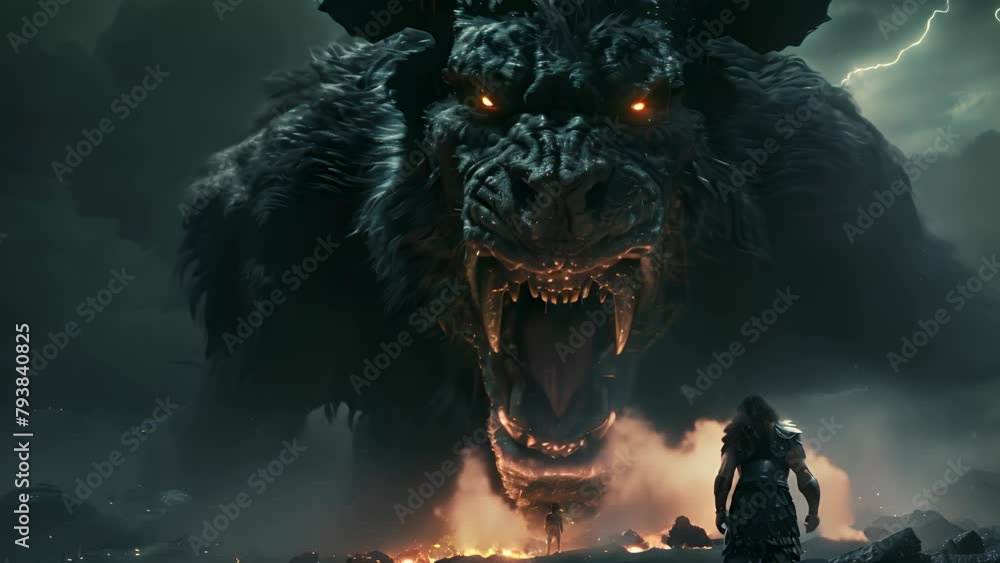 A monster with glowing red eyes and a huge mouth is shown in a dark ...