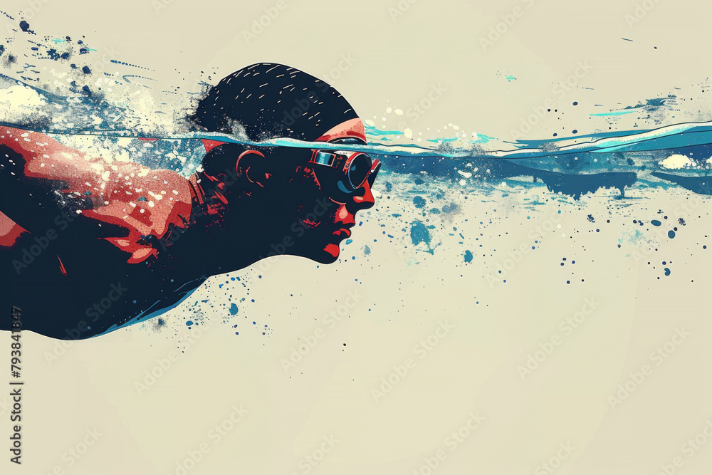 Swimming sport illustration. Male swimmer and splash water, banner with ...