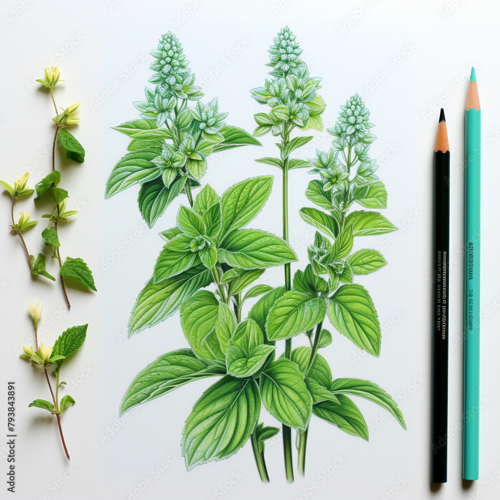 A botanical illustration of Mentha spicata (spearmint) with a white ...
