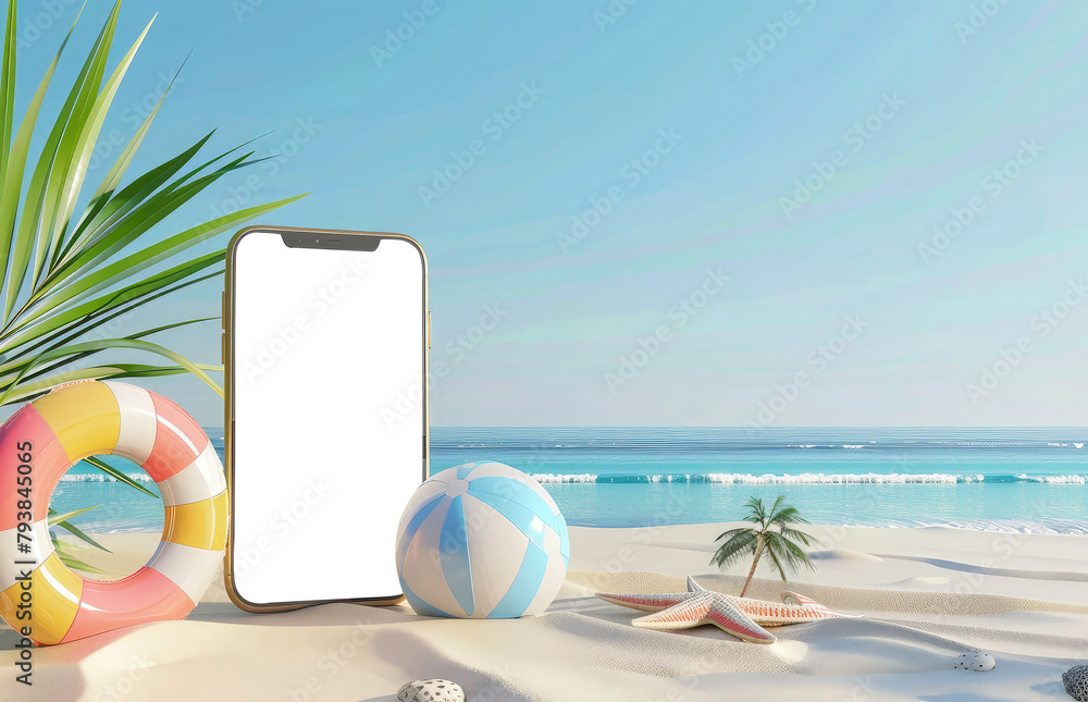 Summer sale ad banner with mobile phone mockup. Banner with beach sand ...