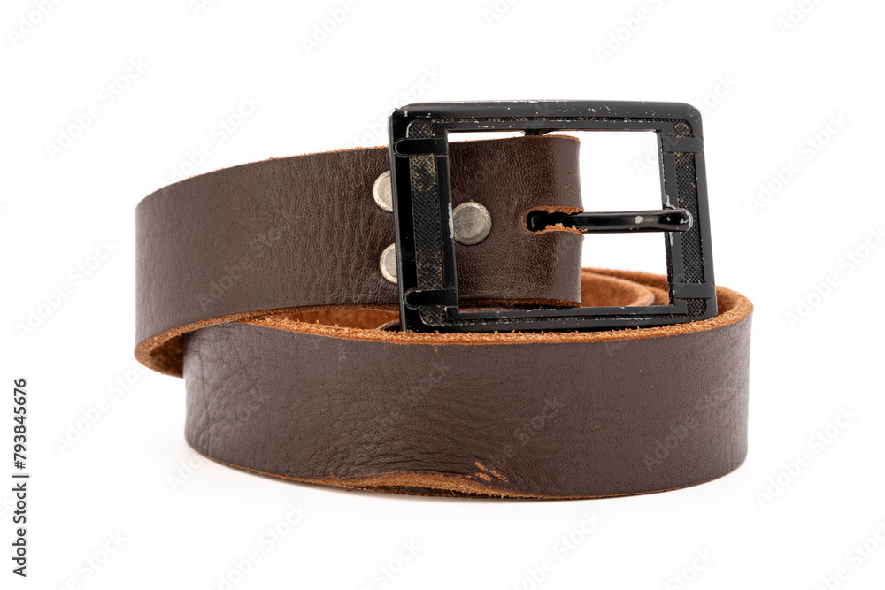 Worn Men's leather belt in a dark brown color with a metal buckle on ...
