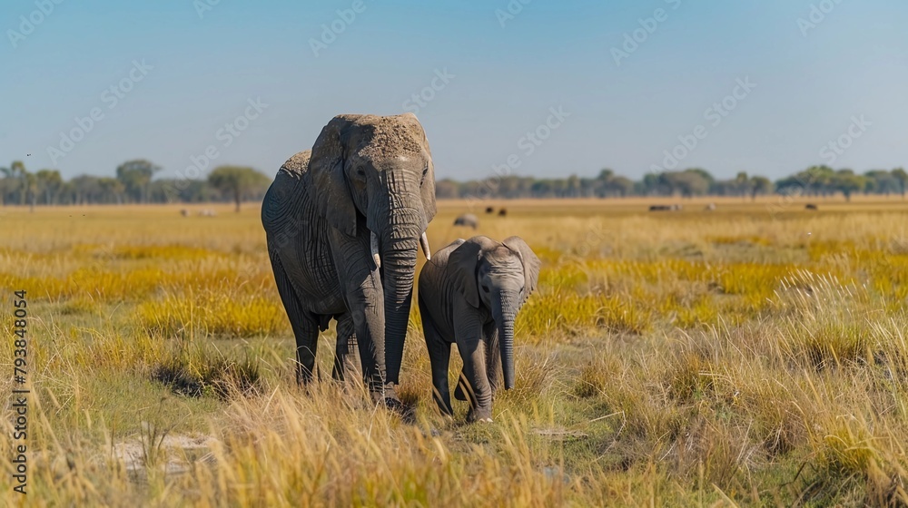 Elephant Mother Walking Side by Side with Her Calf in Savannah. Strong ...