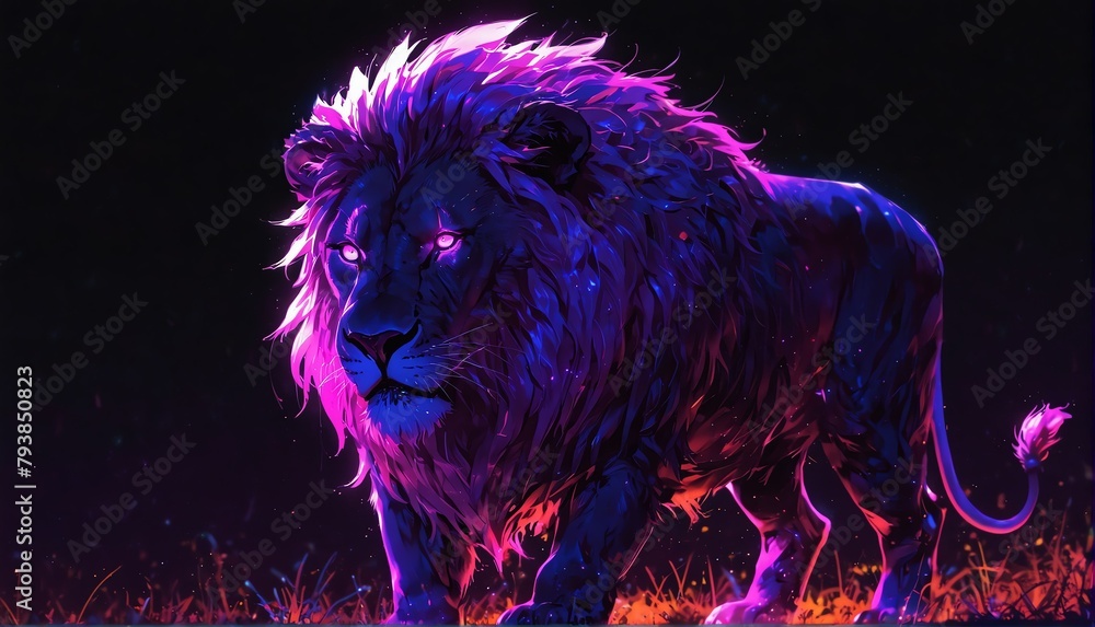 purple neon light glowing lion on plain black background from ...