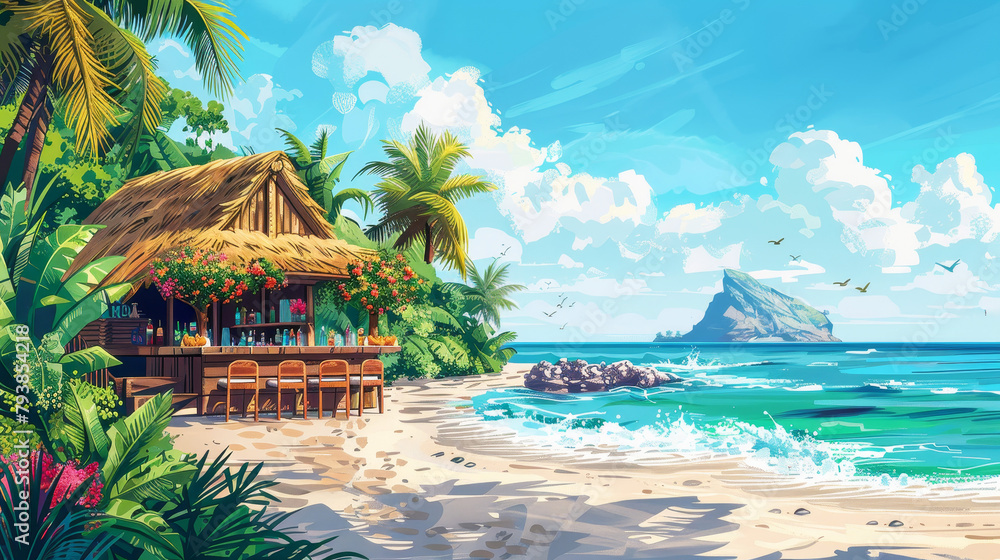 Tropical beach bar cartoon illustration with palm trees, ocean view ...