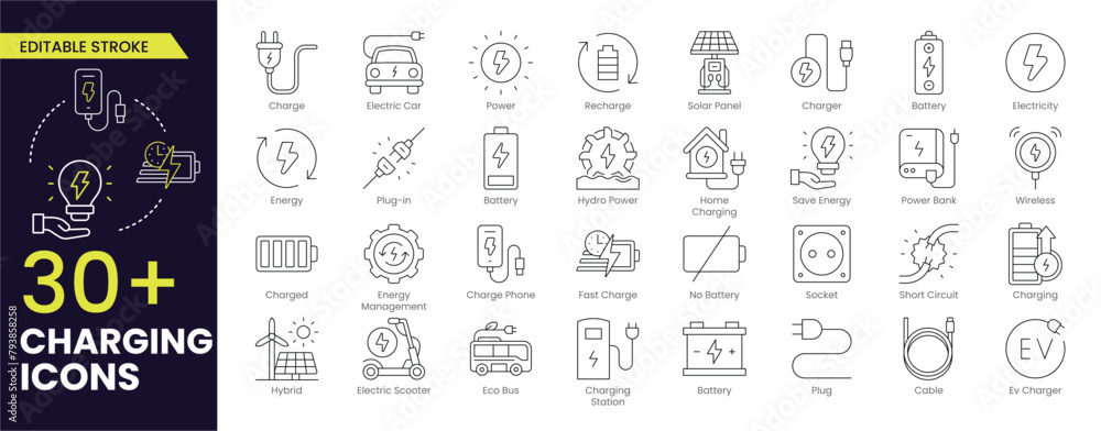 Charging Stroke icon collections. Containing charge, battery, energy ...