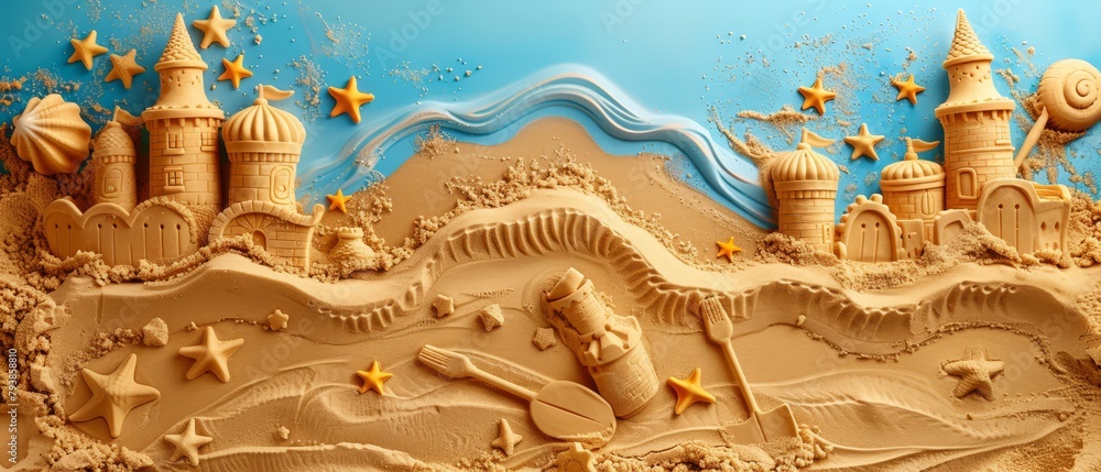 Summer sandcastle competition sales banner, border of sandcastles and ...