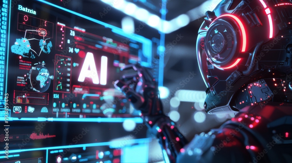 A robotic figure interacting with data screens displaying 'AI ...