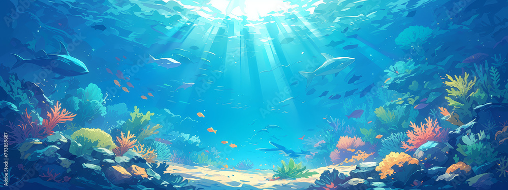 A vibrant coral reef with colorful fish swimming around, creating an ...