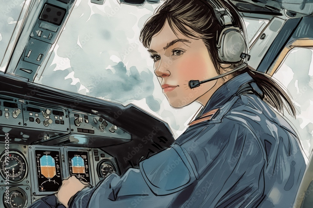 Portrait of a determined female pilot in uniform. Sitting in the ...