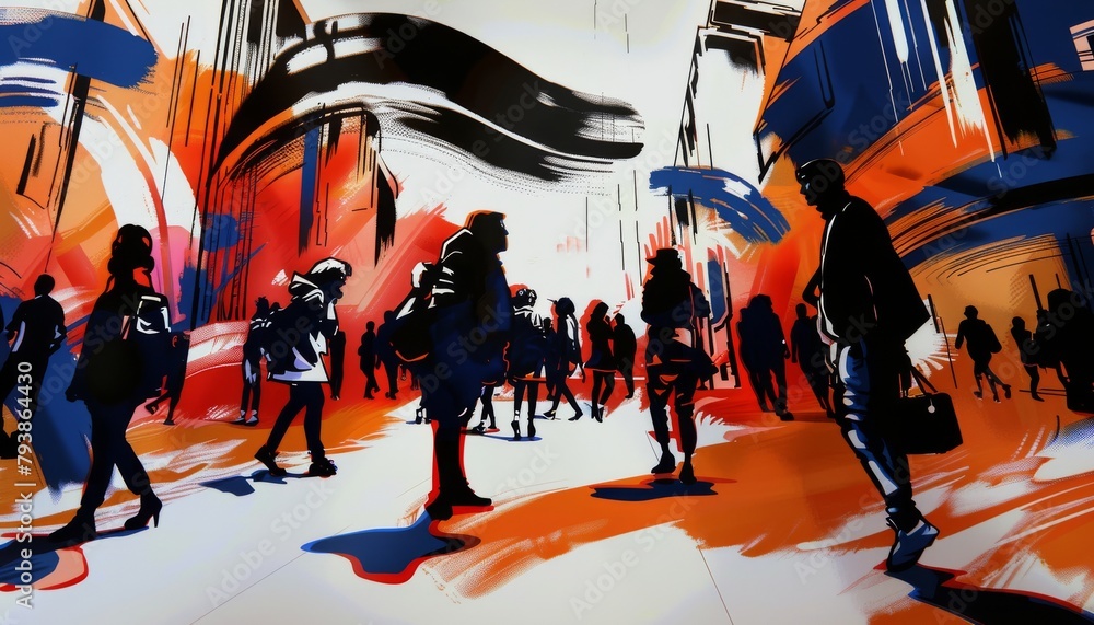 An abstract painting of people walking in a city. The painting is made ...