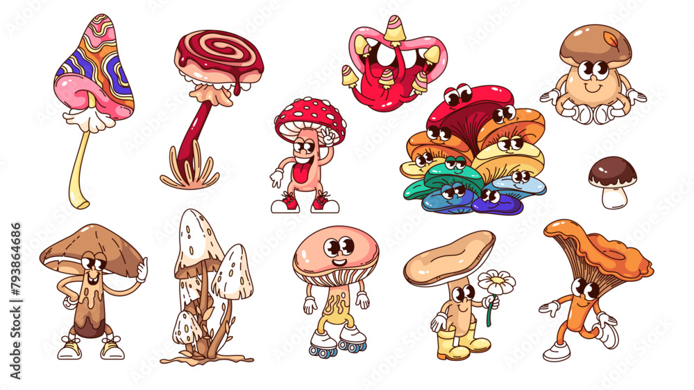 Groovy psychedelic mushrooms cartoon characters and stickers set. Funny ...