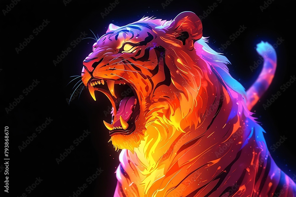 roaring tiger orange neon light glowing statue on plain black ...