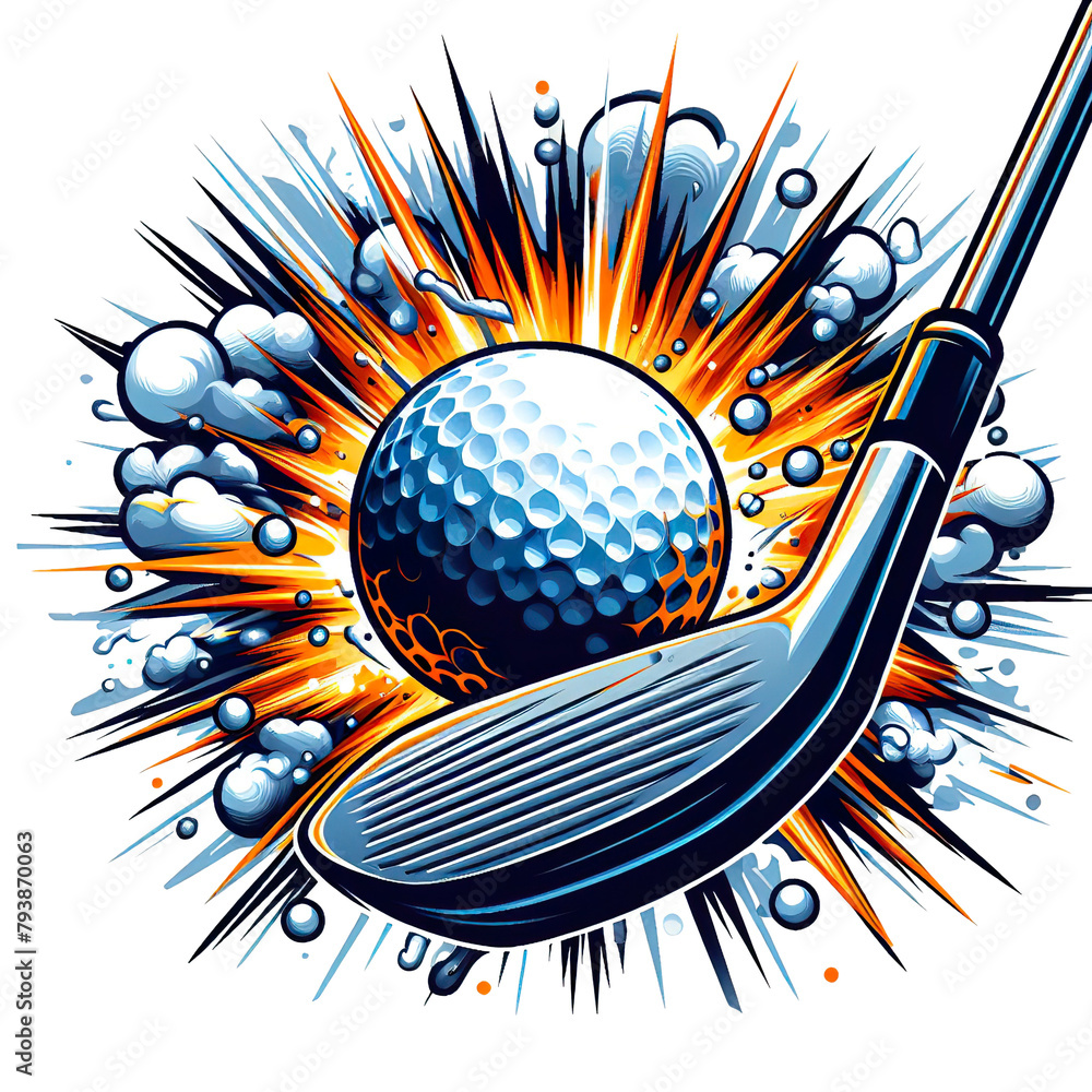 vector style image, golf swing, iron club, golf ball exploding, fire ...