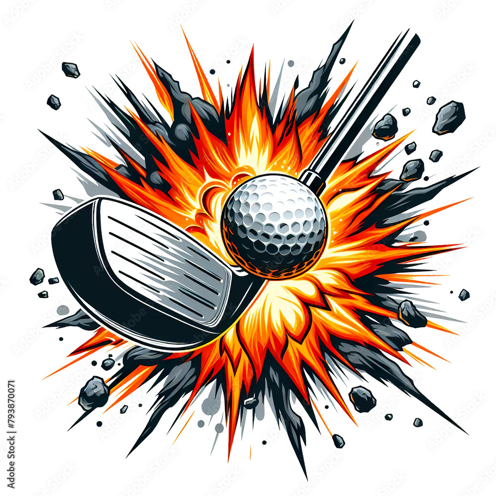 vector style image, golf swing, iron club, golf ball exploding, fire ...