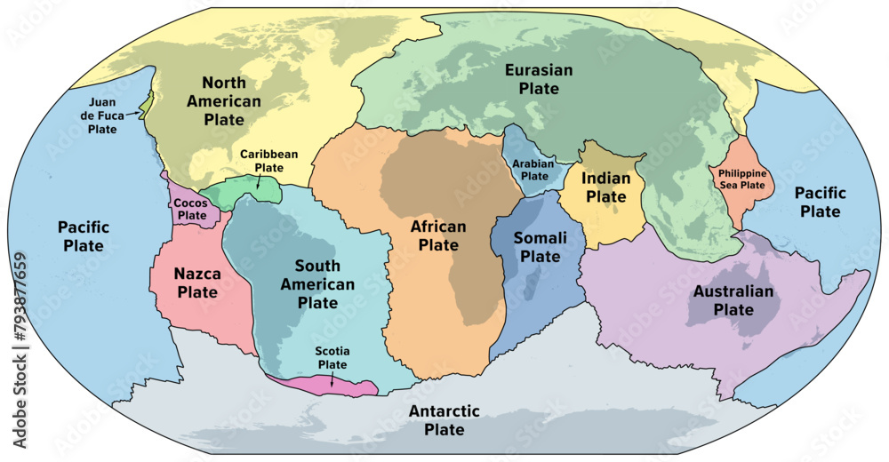 Principal tectonic plates of the Earth, world map. The sixteen major ...