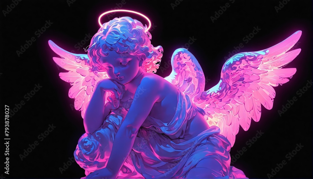 purple neon light glowing cherub angel statue on plain black background ...