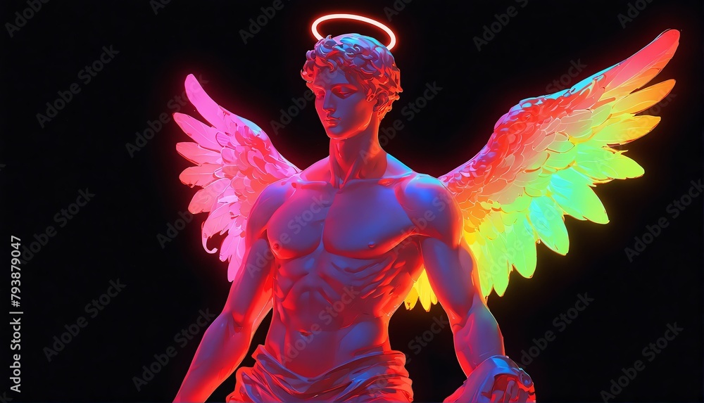 red neon light glowing male angel statue on plain black background from ...
