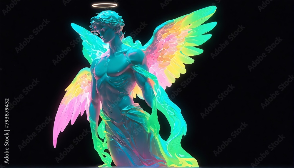 teal neon light glowing male angel statue on plain black background ...