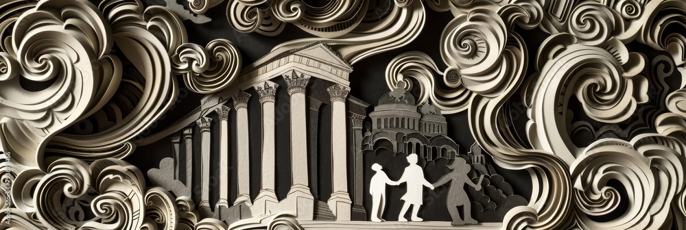 A playful papercut depicts a family of tourists, each figure ...