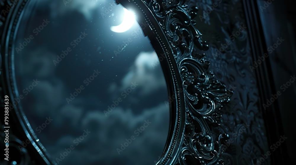 Mirror of souls, ornate silver, reflecting inner demons and angelic ...