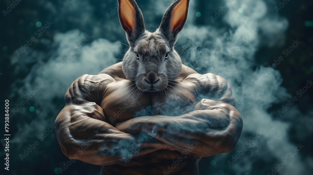 In a misty, enigmatic setting, a formidable figure with the head of a ...