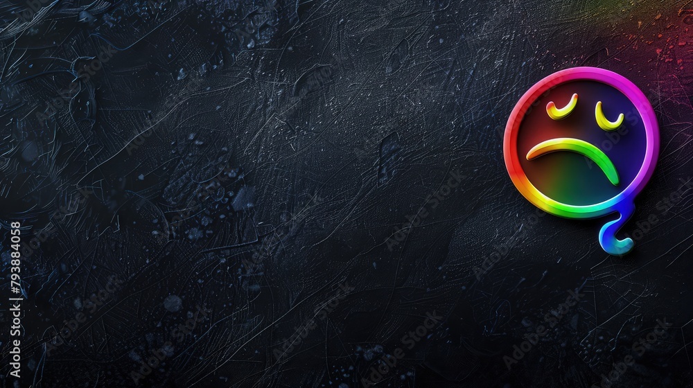 Illuminated against a black canvas, a sad emoji exudes a profound sense ...