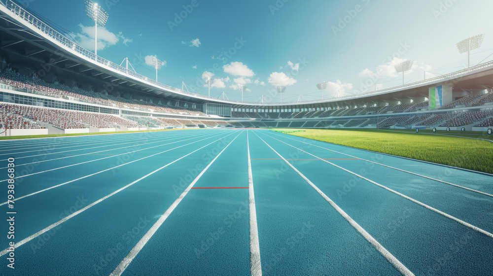 Blue racetrack on a sports field at olympic stadium Stock Photo | Adobe ...
