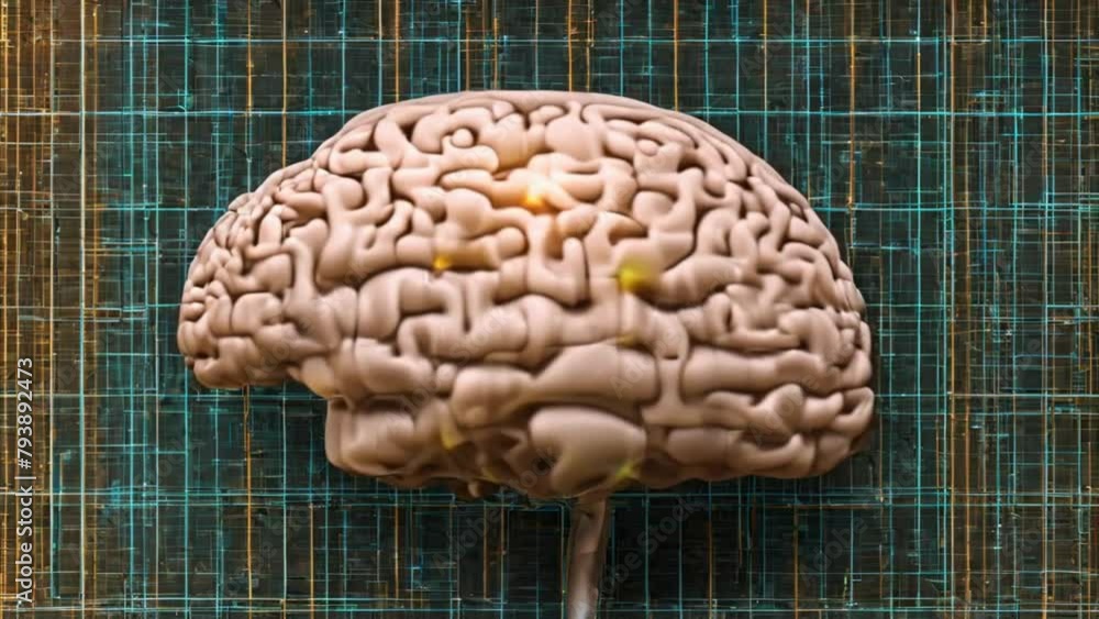 Human Brain Revolving In A Digital Grid Animated Digits Moving Along ...