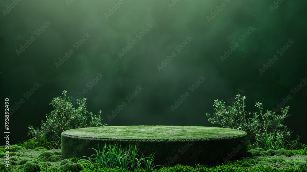 Enchanted forest stage with lush moss and hanging ivy under a mystical ...