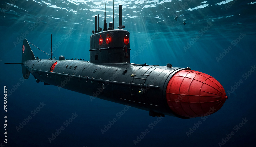 Military submarine with red lights sailing deep underwater. Submarine ...