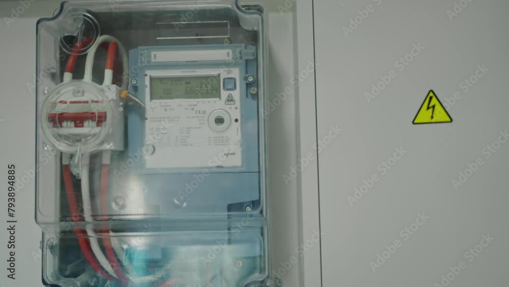 Clear shot of an advanced electricity meter housed in a transparent box ...