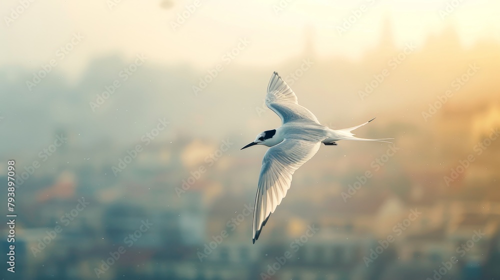 A slender bird glides gracefully in the sky, its wings outstretched ...