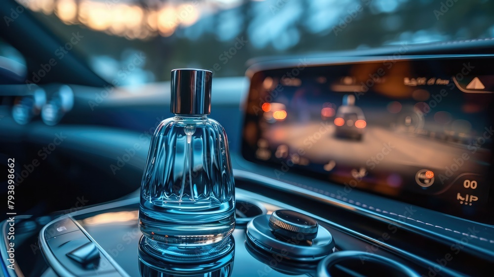 Car fragrance, luxury car interior, dark blue interior color, a bottle ...