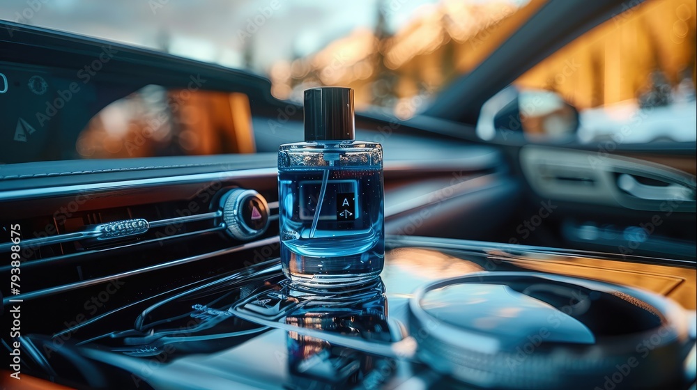 Car fragrance, luxury car interior, dark blue interior color, a bottle ...