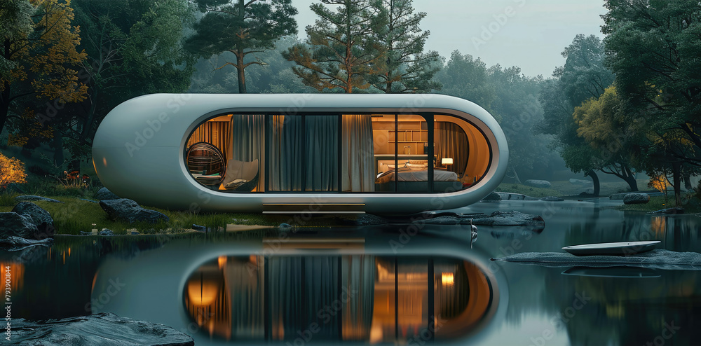 A house with the appearance of a space capsule by the river. The ...