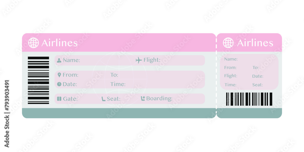 Airplane boarding pass template in pink and green. Blank plane ticket ...