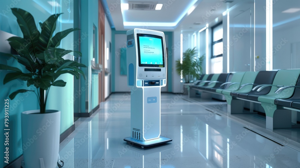 An interactive kiosk standing upright in the corner of a hospital ...