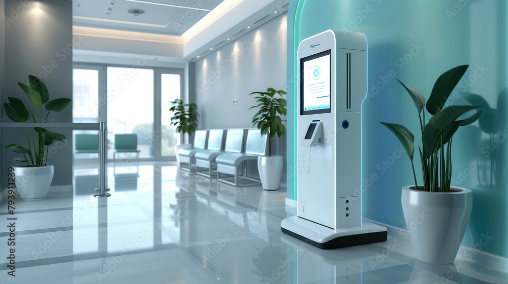 An interactive kiosk standing upright in the corner of a hospital ...