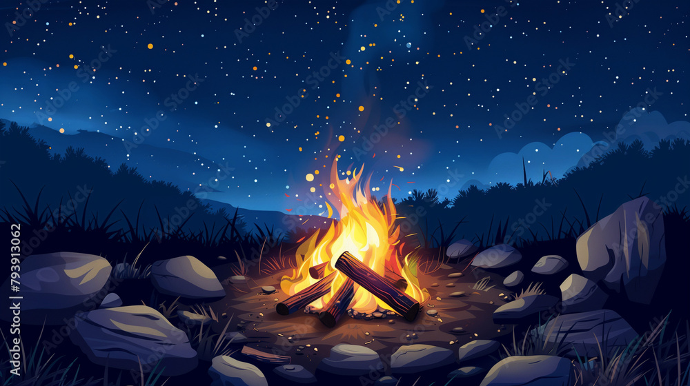 Campfire at night, outdoor scene with stars, ground-level view, cozy ...