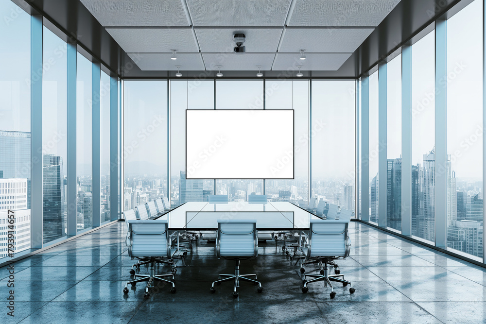 Modern conference room interior with blank screen on the wall and city ...