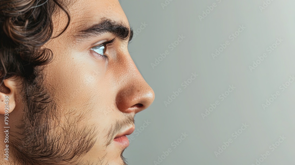 A side profile of a man with a straightened nose after rhinoplasty ...