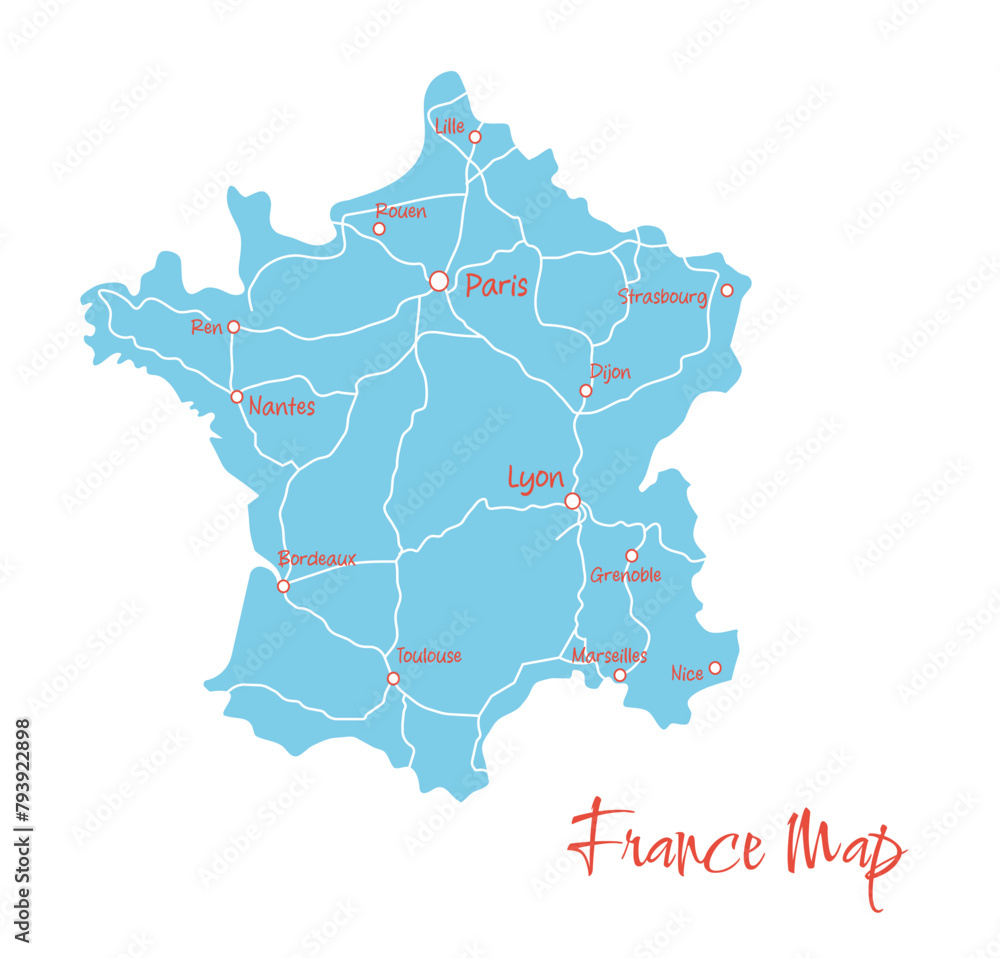 Vector illustration of french map with main cities and rives. Map of ...