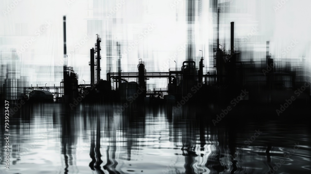 Abstract interpretation of a black oil factory, monochrome industrial ...