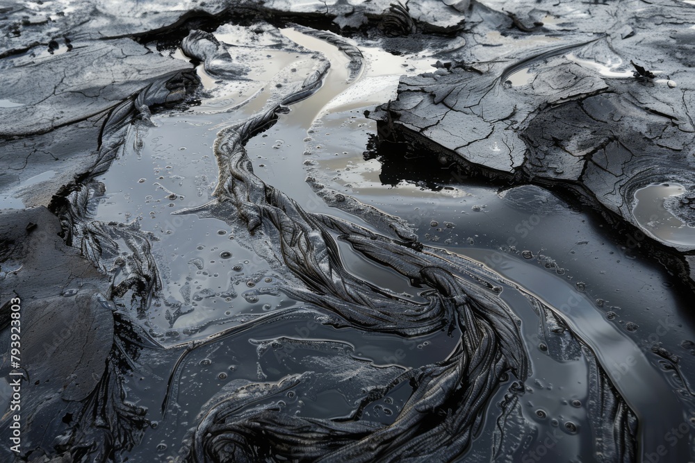 Black oil spill, environmental disaster, industrial pollution. A close ...