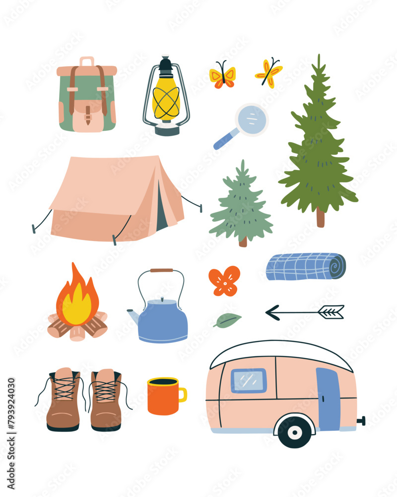 Camping vector set. Cute camping clipart on white background. Tent ...