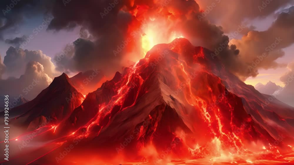 Dramatic volcanic eruption with glowing lava flows. Fiery mountain ...
