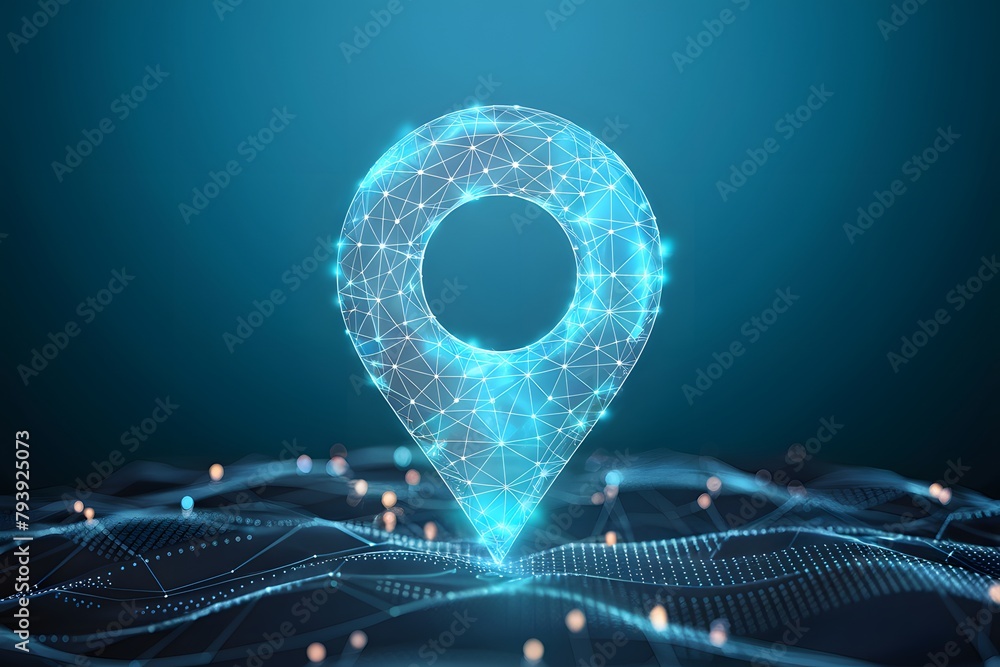 Futuristic location pin on blue gradient background over digital map ...