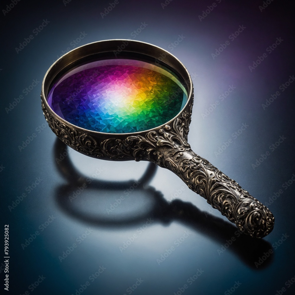Magnifying glass with ornately designed handle resting against dark ...