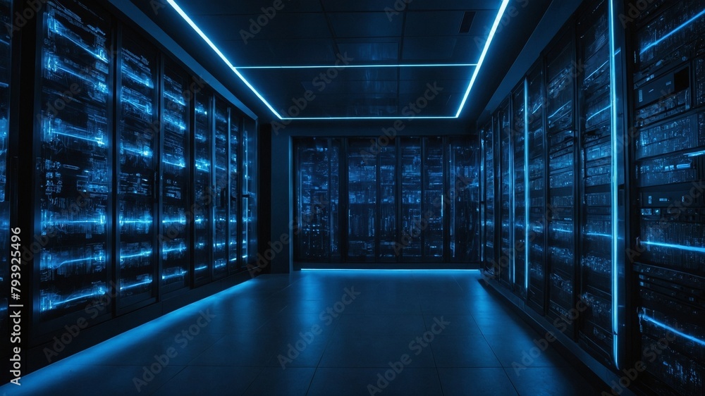 Corridor bathed in captivating blue light unveils complex operations of ...