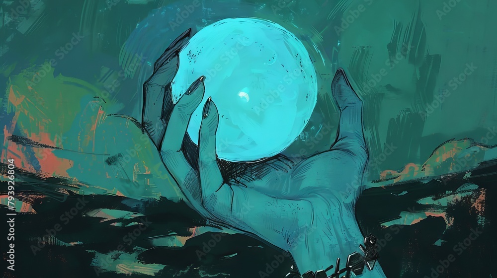 A hand holding a glowing blue orb in the palm of its hand. The orb is ...